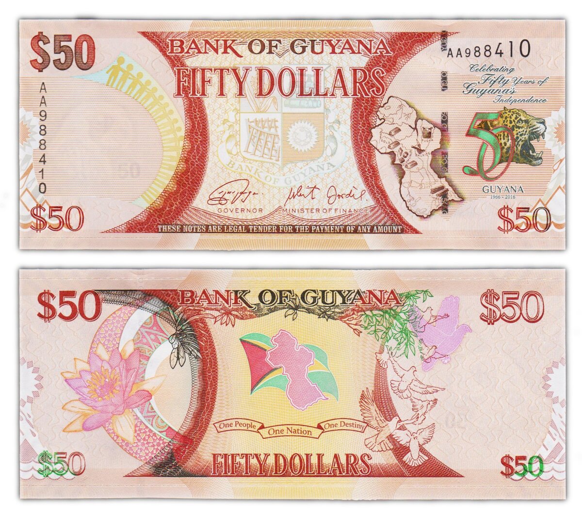 Billet de collection 50 dollars 2016 guyana - neuf - p41 - 50ans de l ...
