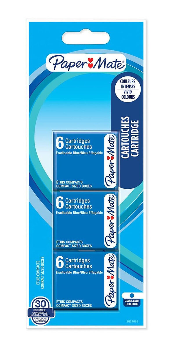 Paper mate - 30 cartouches courtes (3 étuis de 6 cartouches) - bleu ...