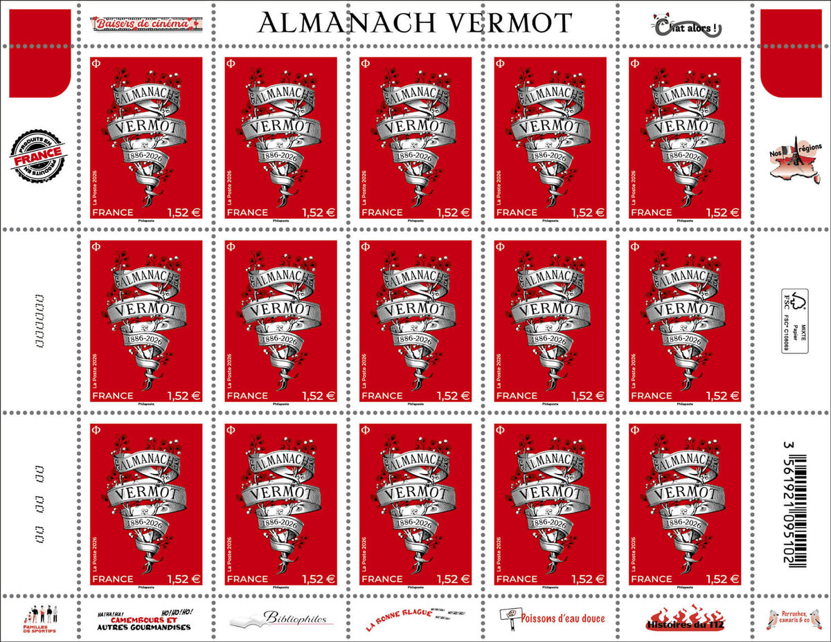 Feuille de 15 timbres - Almanach Vermot (1886-2026) - Lettre Verte - La ...