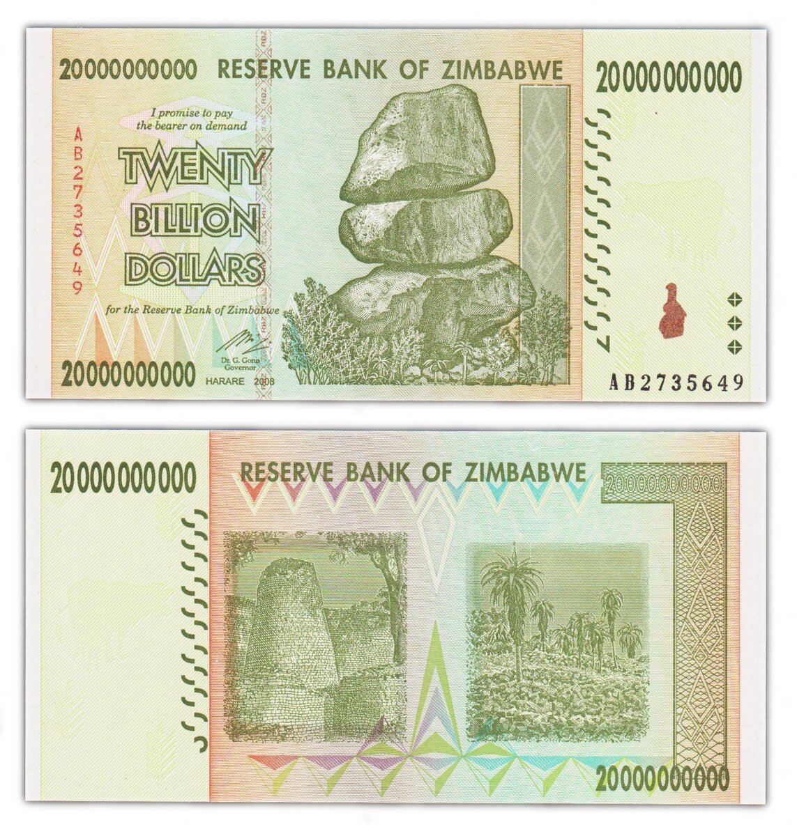 Billet de collection 20000000000 dollars 2008 zimbabwe - neuf - p86 - 20 billion - La Poste