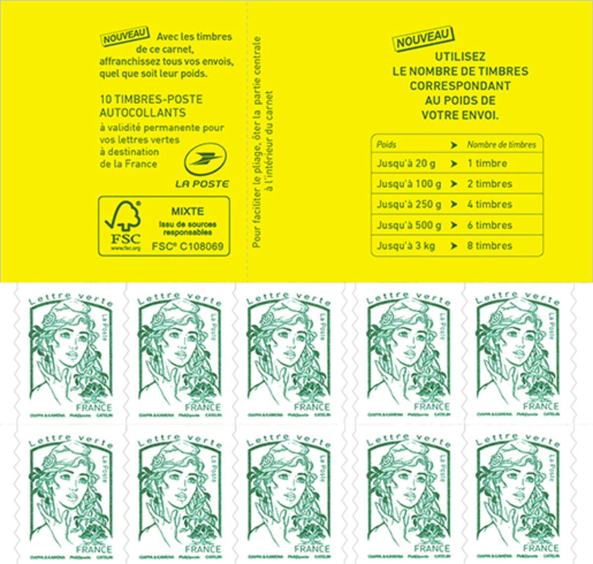 Carnet de 10 timbres Marianne - Lettre verte - La Poste Carnet de 10 timbres Marianne - Lettre verte - La Poste