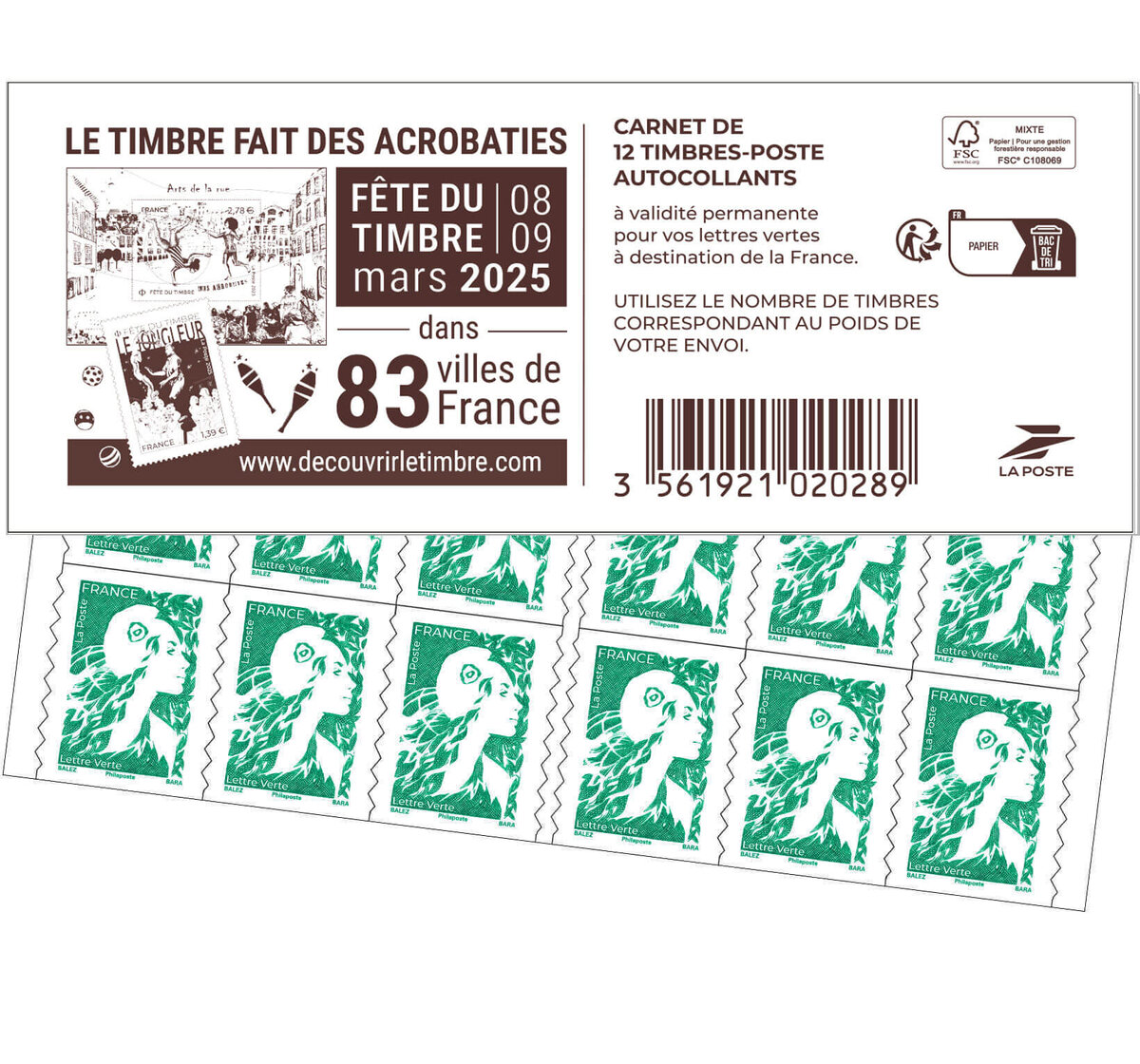 Carnet 12 timbres Marianne de l'avenir - Lettre Verte - Couverture Fête du timbre - La Poste