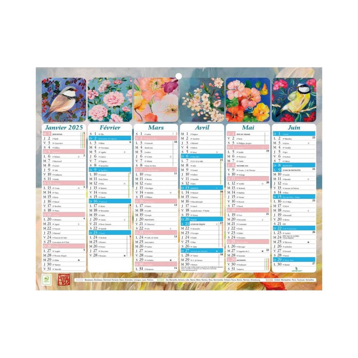 Calendrier Mural 2025 - 22 x 29.5 cm - Fleurs et Oiseaux - La Poste