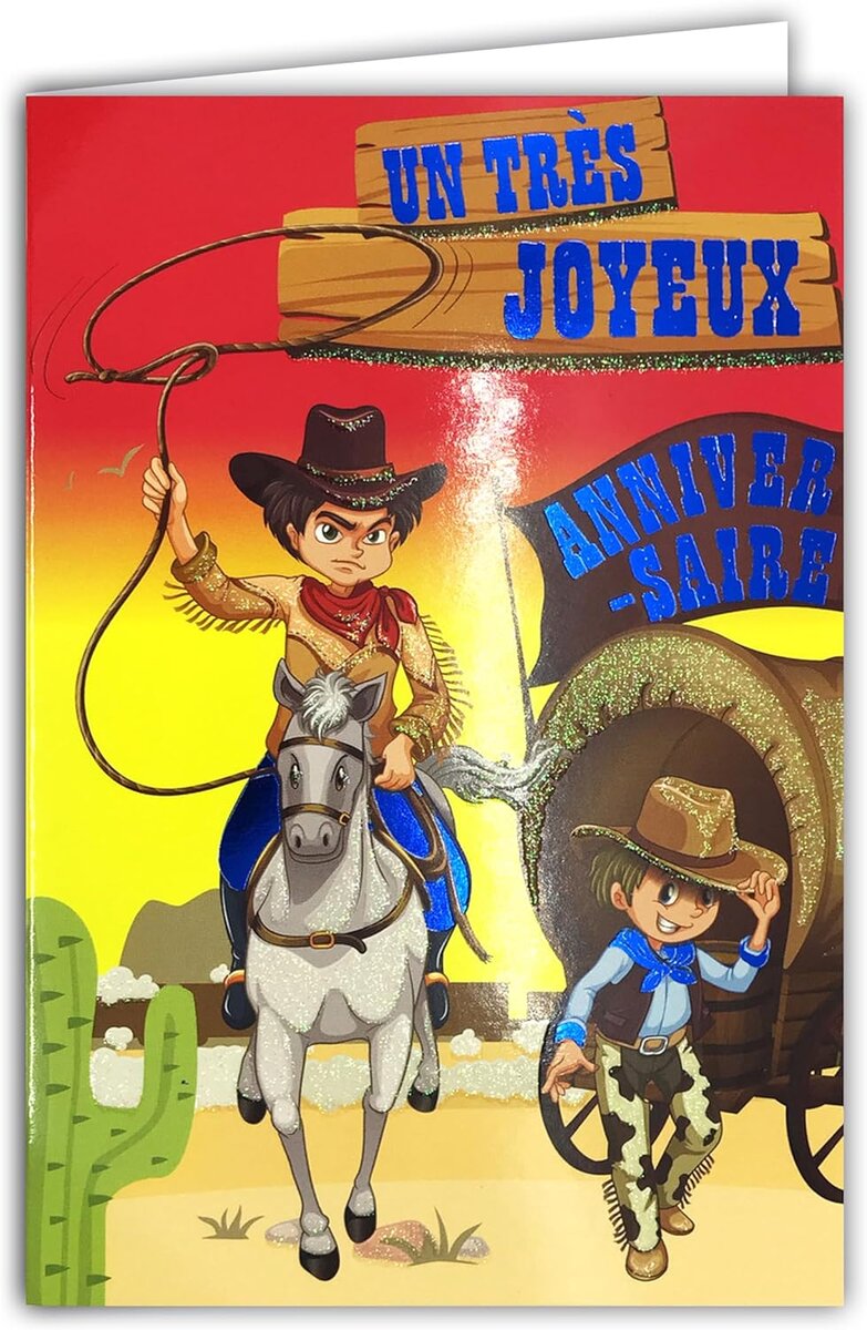 Carte Joyeux Anniversaire Garçon Cowboy à Cheval avec Enveloppe Jaune ...