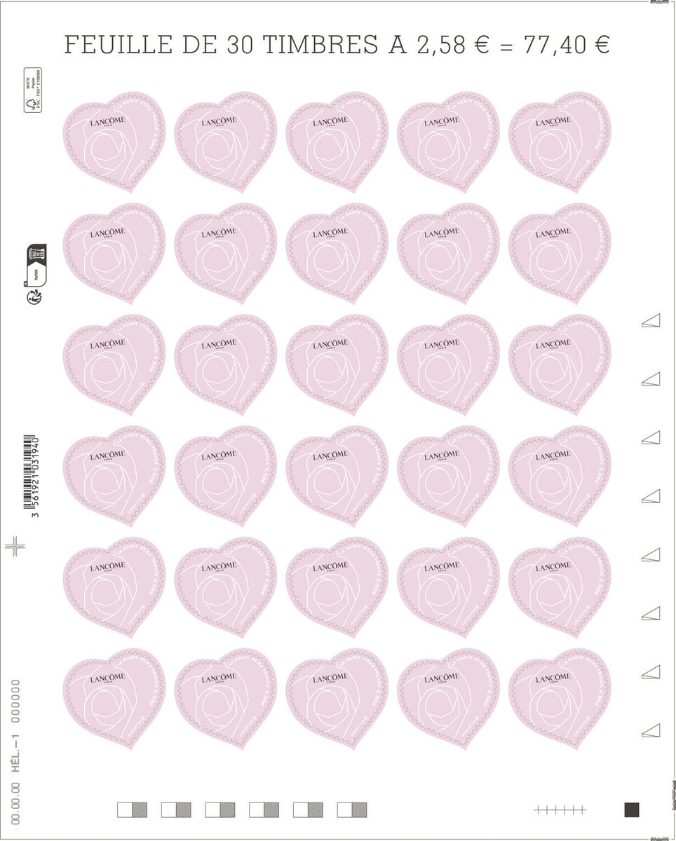 Feuille 30 timbres Coeur - Lancôme - 100g - Lettre verte - La Poste