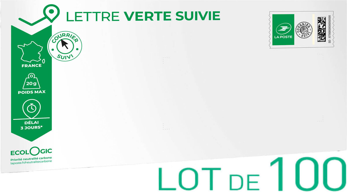 Prêt-à-Poster - Lettre verte suivie - 20g - Enveloppes en lot de 100 - La Poste
