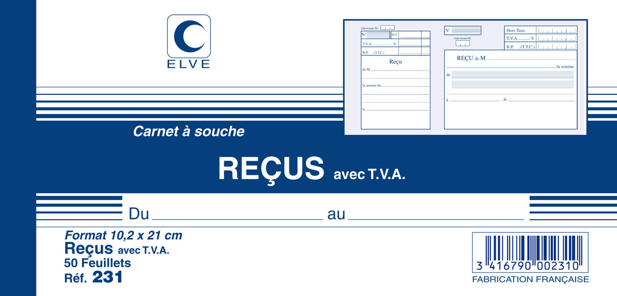 Carnet à souche ''reçu avec TVA'' 10,5 x 21cm 50 feuillets ELVE - La Poste