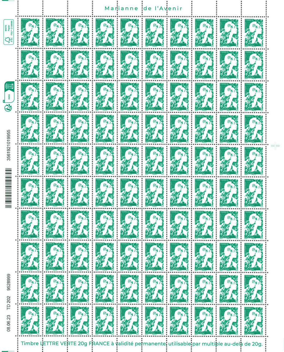 Feuille 100 timbres Marianne de l'avenir - Lettre verte - La Poste