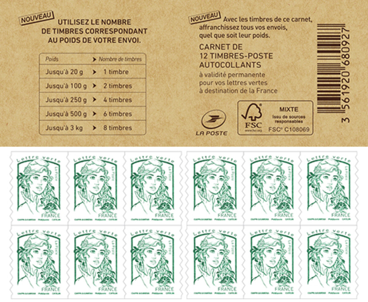 Carnet de 12 timbres Marianne Vert - Lettre verte - La Poste