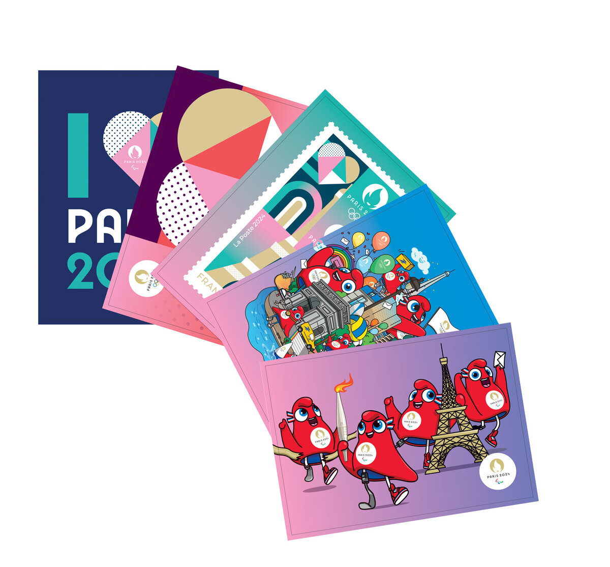 Lot de 5 cartes postales illustrées - Paris 2024 - La Poste