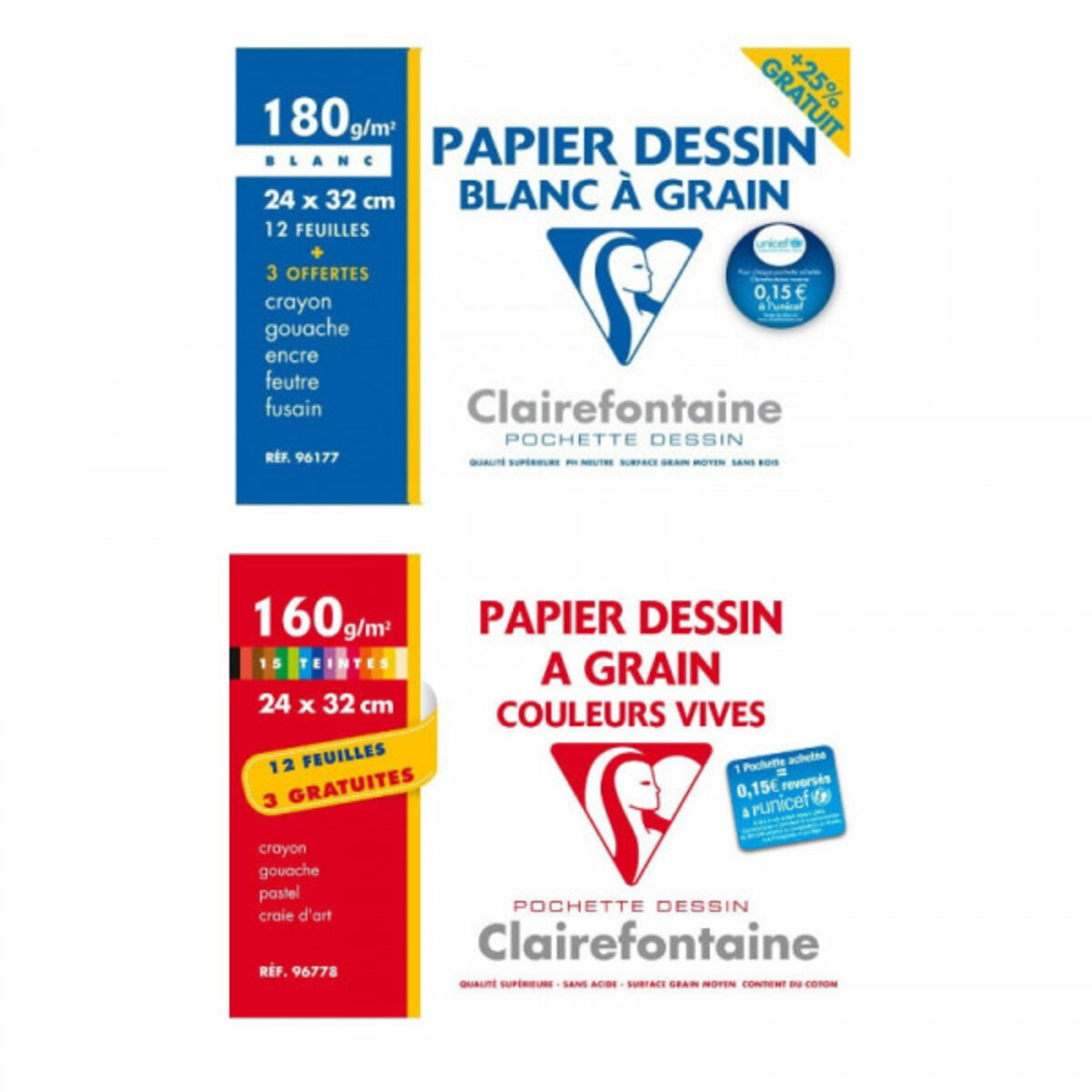 Lot de 2 pochettes papier dessin à grain blanc et couleurs vives ...