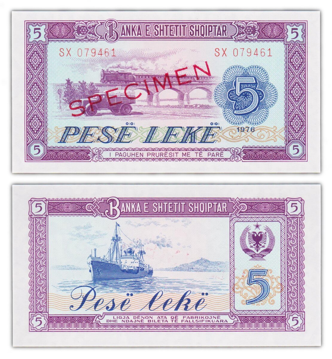 Billet de Collection 5 Leke 1976 Albanie - Neuf - P42s SPECIMEN - La Poste