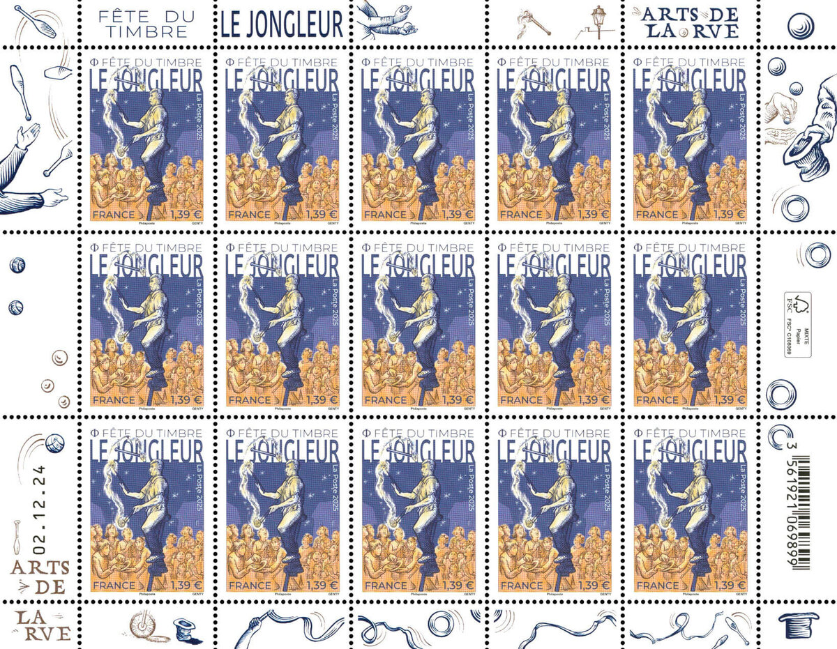 Feuille de 15 timbres - Fête du timbre - Arts de la rue - Jongleur ...