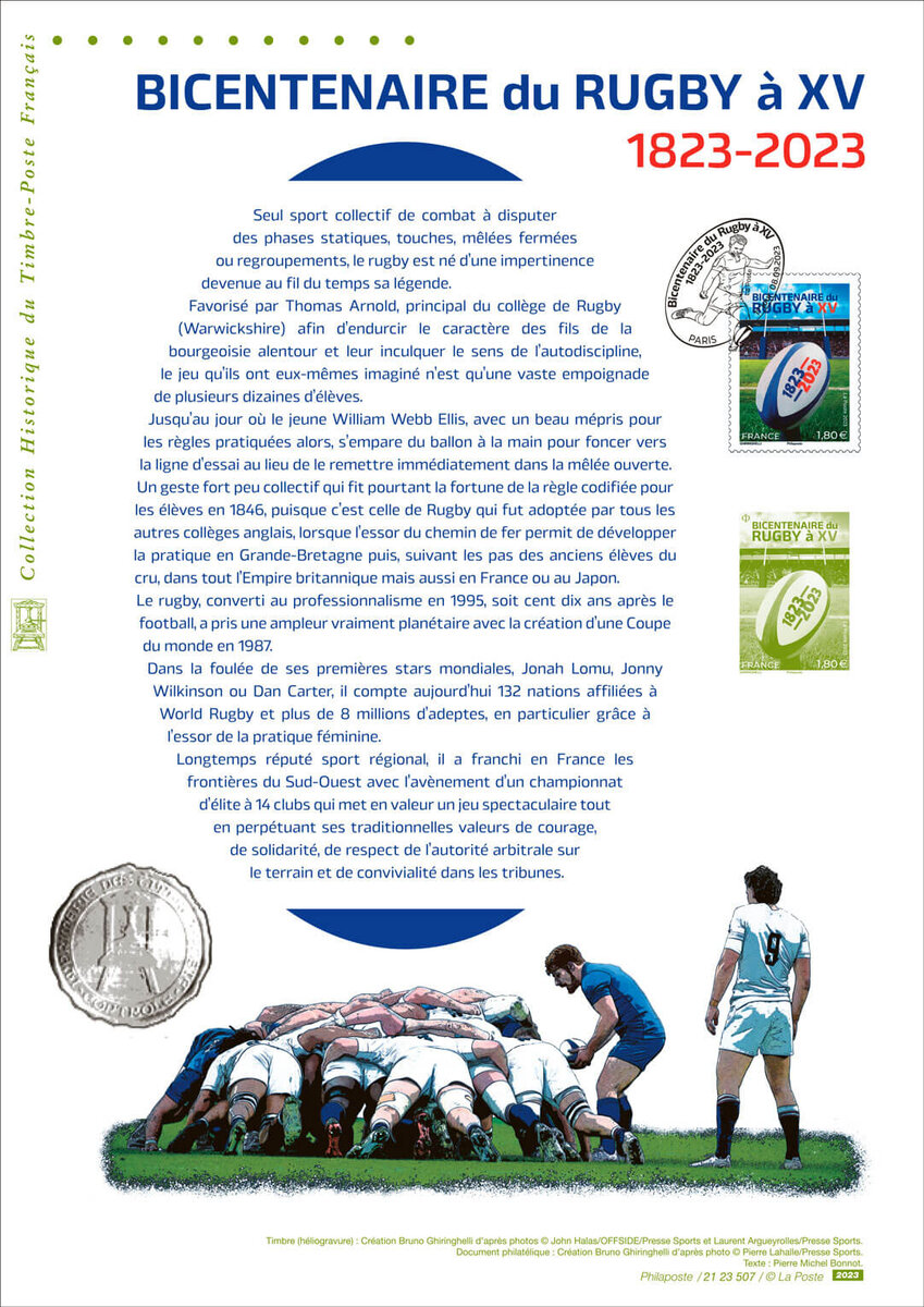 Document philatélique - Bicentenaire du rugby à XV - La Poste