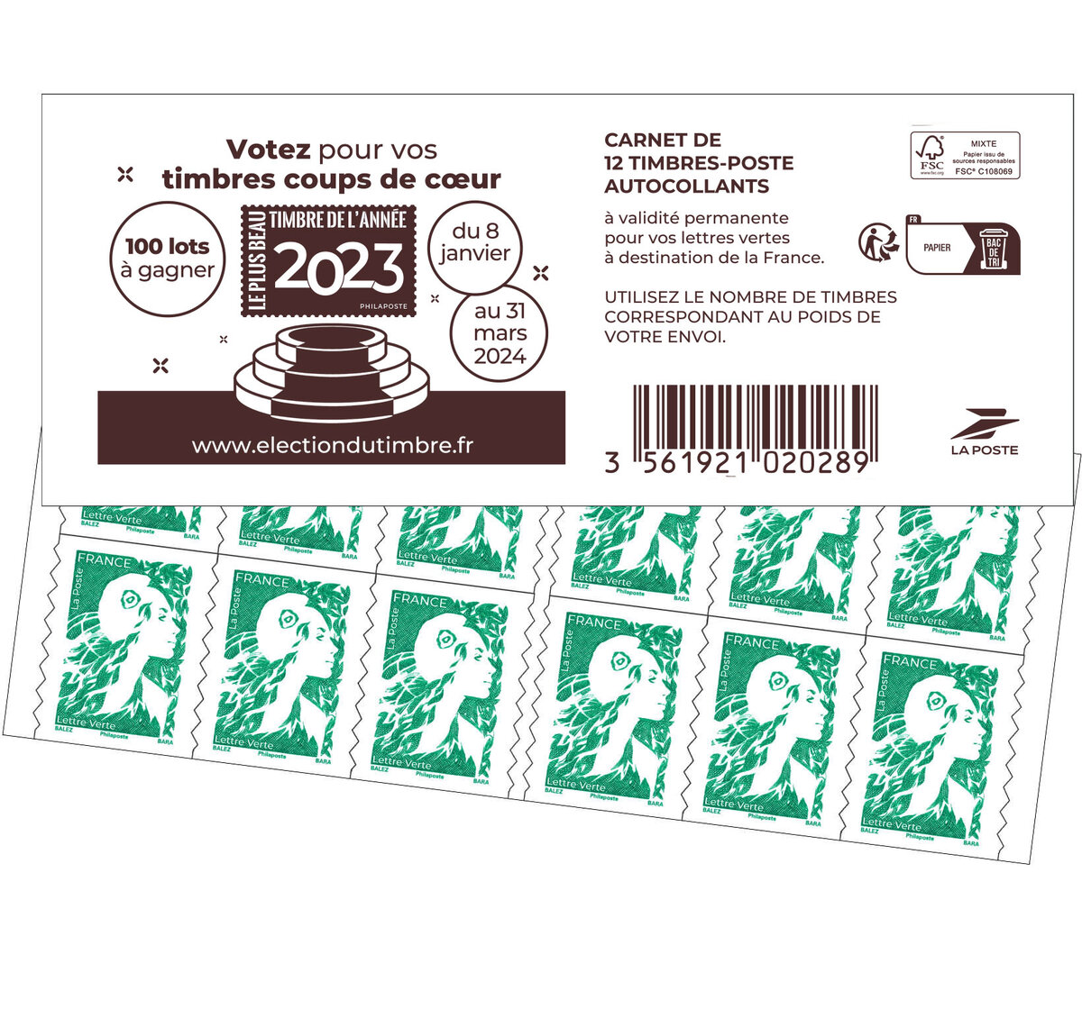 Carnet 12 timbres Marianne de l'avenir - Lettre Verte - Couverture Election du timbre de l'année ...