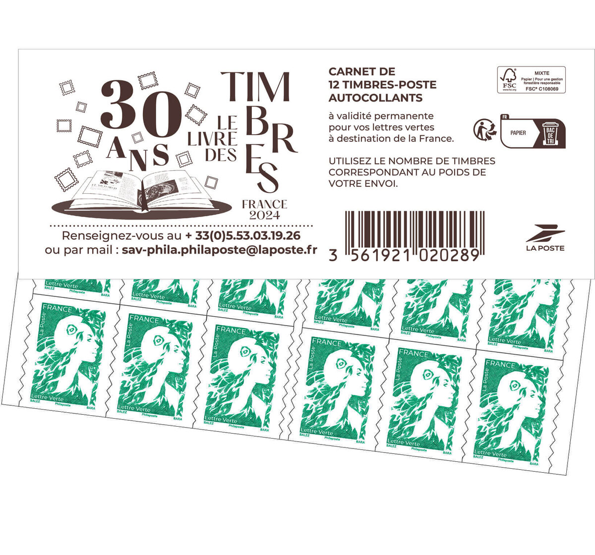 Carnet 12 timbres Marianne de l'avenir - Lettre Verte - Couverture 30 ans du Livre des Timbres ...