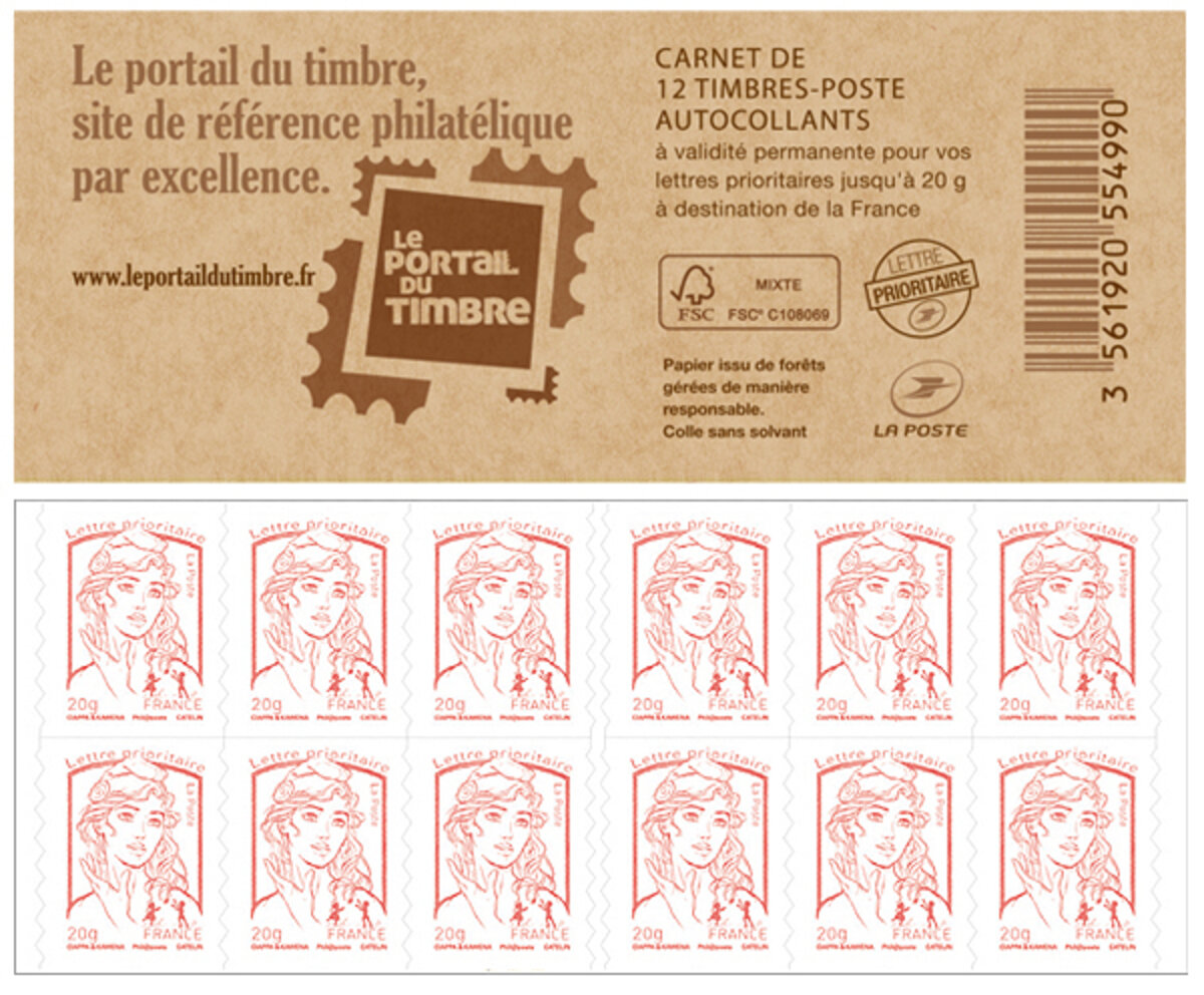 Carnet de 12 timbres Marianne - Rouge - Couverture Portail du Timbre ...