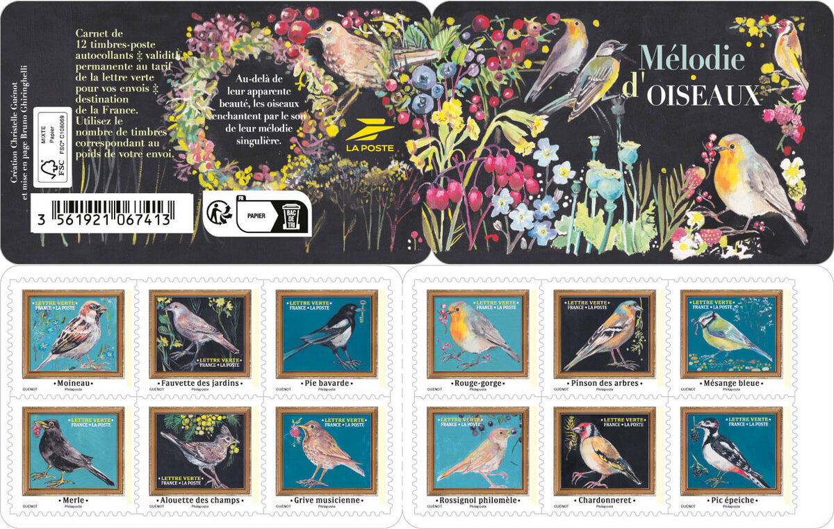 Carnet de 12 timbres - Mélodie d'oiseaux - Lettre verte - La Poste